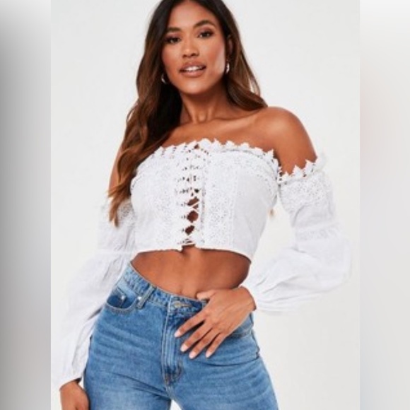 Missguided | Tops | Missguided Tall Broderie Bardot Lace Front Crop Top ...